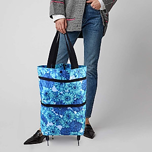 VILLCASE Foldable Dolly Folding Shopping Cart Stair Climber Cart Foldable Compact Grocery Collapsible Trolley Bags Reusable Shopping Bags Grocery Bags Shopping Trolley Blue Flowering Shopping Tote