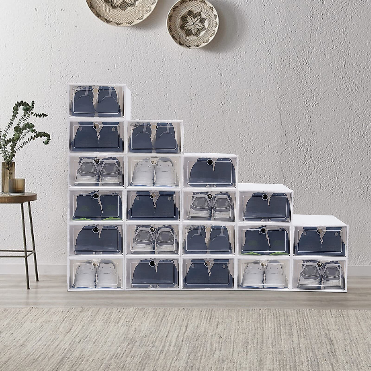 LUGBING 20 Pack Foldable Shoe Boxs, Clear Plastic Shoe Organizer for Closet, Space Saving Stackable Shoe Rack for Entryway, Drop Front, Under Bed