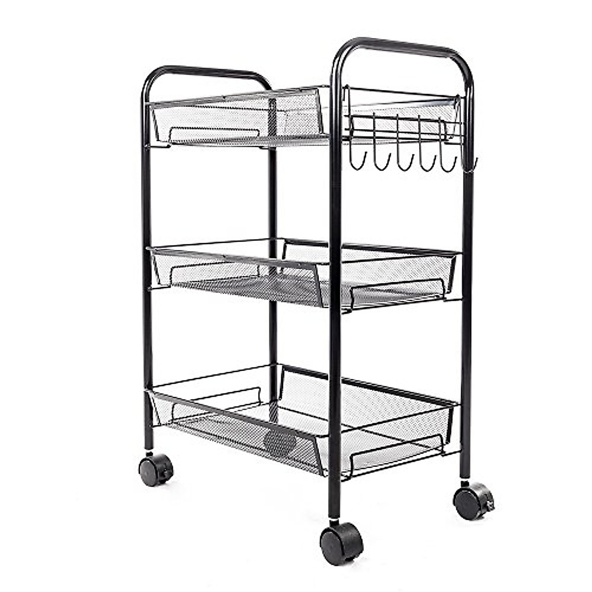 Karl home 3 Tier Storage Cart, Rolling Shelving Unit with Hooks, Trolley Craft cart, for Kitchen Bathroom Office Living Room, Black(17.32" L x 10.24" W x 24.41" H)