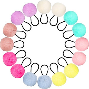 WILLBOND Pom Pom Fur Ball & Elastic Hair Ties - 16 Pieces Fluffy Scrunchies & Ponytail Holders for Women, Hair Accessories (Color Set 1)