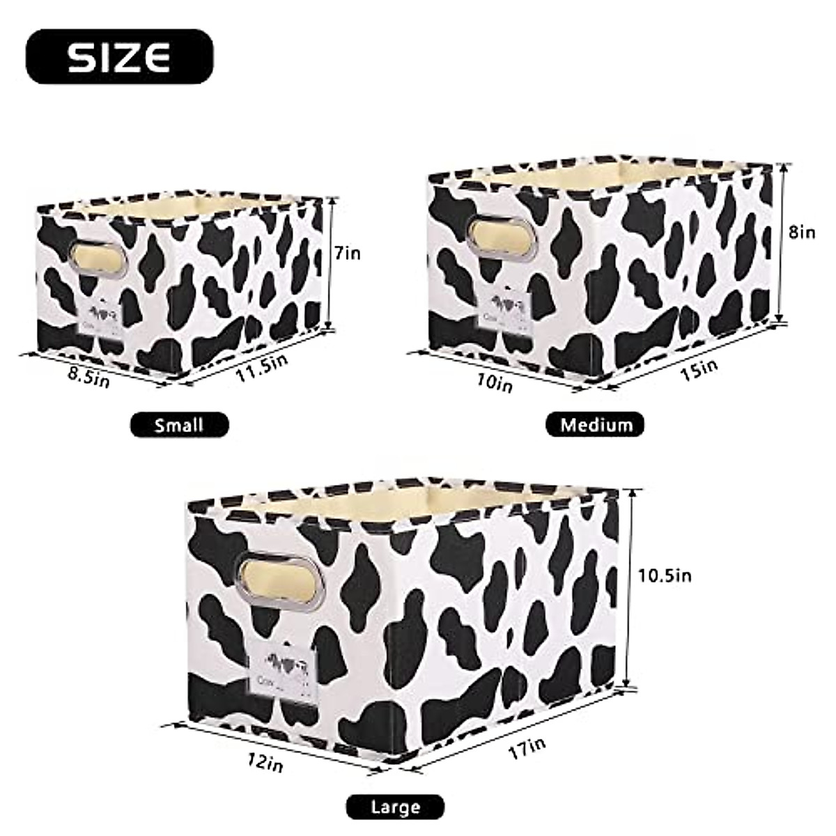 ANMINY Fabric Storage Bin Cow Print Cotton Linen Foldable Open Storage Basket Box with Handles PP Plastic Board Label Window Decorative Washable Desktop Closet Shelf Organizer Container - Medium