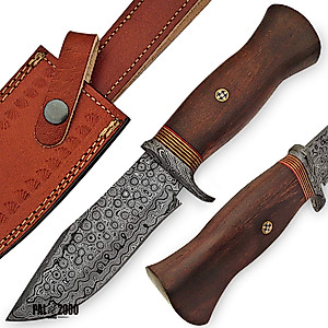 HK-9892 Handmade Damascus Steel Hunting 10.4 Inch Knife Solid Rose Wood Handle with Sheath