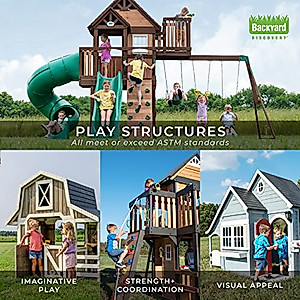 Backyard Discovery Canyon Creek All Cedar Wood Swing Set w/Grey Wave Slide, Playhouse w/Grill, Plastic Food, Picnic Area, Steering Wheel, Two Belt Swings, Rock Climbing Wall, Balcony, Deck, Web Swing