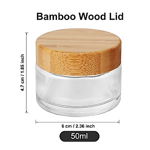 1.7 OZ/50 ML Clear Round Glass Jars with Bamboo Wood lids and Inner Liners, Travel Glass Jars, Refillable Cosmetic Containers for Lip Balm, Ointments, Lotion, Makeup, Eyeshadow, Slime, Paint and
