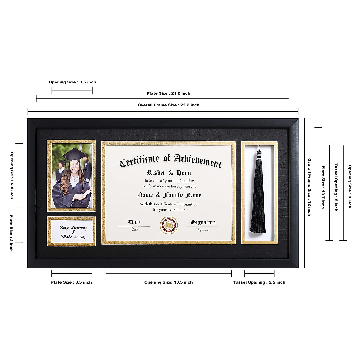 ELSKER&HOME 11x22 Diploma Frames with Tassel Holder for 8.5x11 Certificate Document Shadow Box, 4x6 Graduation Photo, Matte Black Frame, Degree Double Mat, Black with Gold Rim
