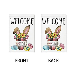 Welcome Easter Garden Flag: Bunny Ear with Eggs Spring Yard Flag 12 x 18 Inch Easter House Decor for Outdoor Holiday Seasonal Party