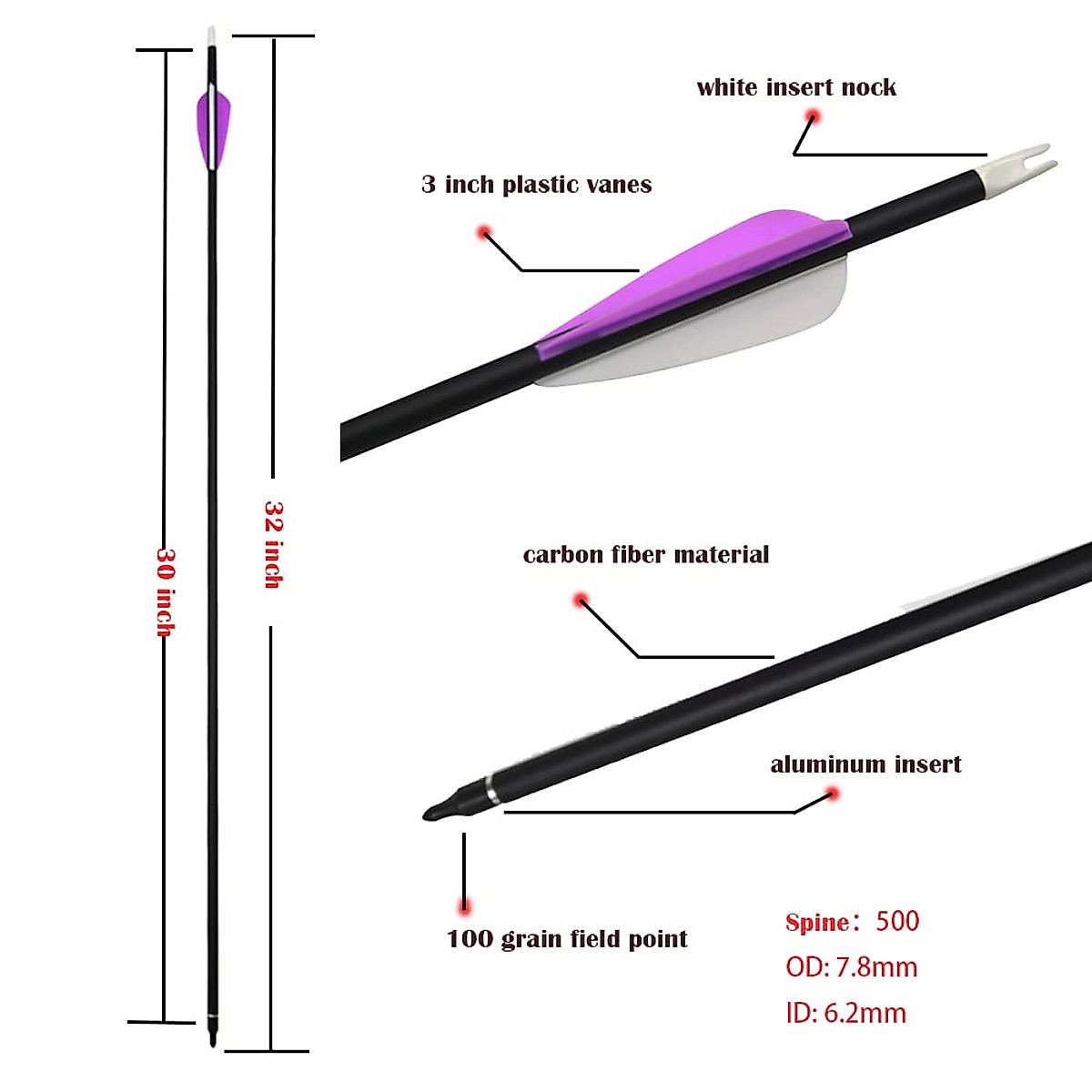 12 Pcs 30 Inch Archery Carbon Arrows 500 Spine Hunting Practice Target Carbon Arrows Shaft with 100 Grain Replaceable Tips for Archery Compound & Recurve & Traditional Bow (Purple Arrow)