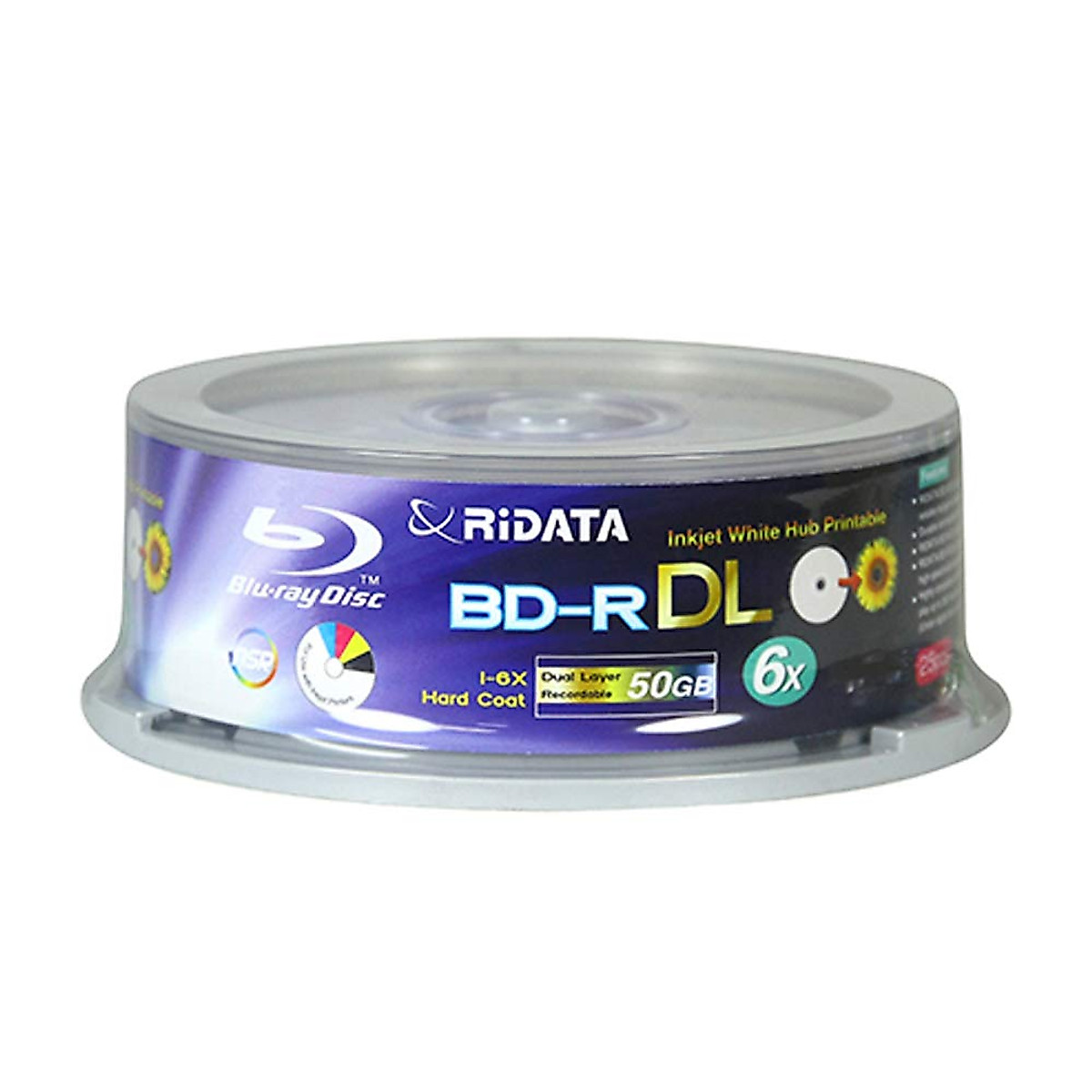 25 Pack Ridata Blu-ray BD-R DL Dual Layer 6X 50GB White Inkjet Hub Printable Recordable Blank Media Disc with Spindle Packing