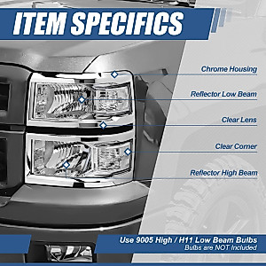 Auto Dynasty [Halogen Model] Factory Style Headlight Lamps Assembly Compatible with Chevy Silverado 1500 14-15, Driver and Passenger Side, Chrome Housing Clear Lens