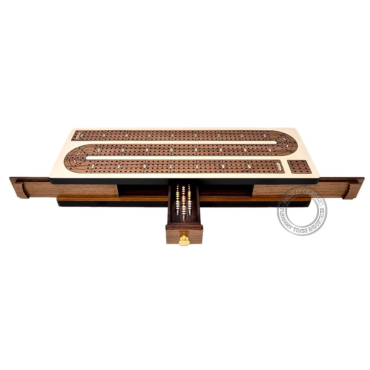 House of Cribbage - Continuous Cribbage Board Inlaid 4 Tracks Maple/Teakwood with Sliding Lids and Drawer