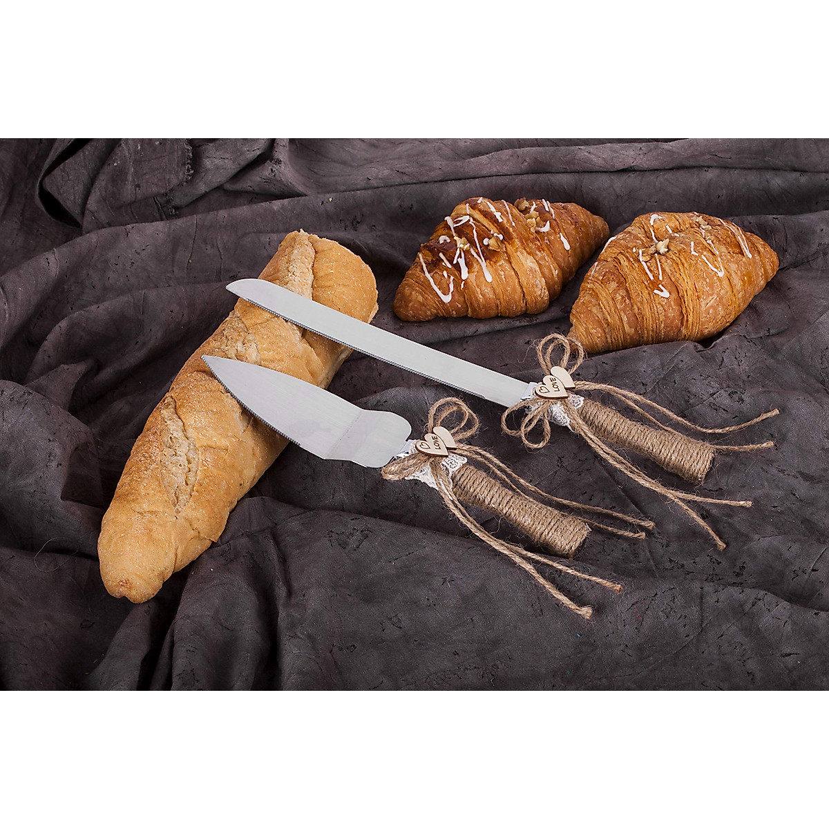 Rustic Wedding Cake Knife and Server Set-ULA Natural Burlap Twine Handle Wood Heart Cutlery for Wedding Gift,Cake Cutting Set for Wedding Rustic Wedding Decor (Burlap)