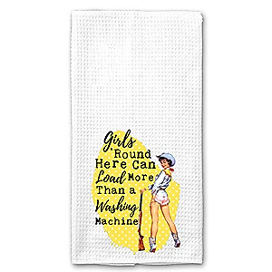 Girls Around here can Load more than a Washing Machine Funny Vintage 1950's Housewife Pin-up Girl Waffle Weave Microfiber Towel Kitchen Linen Gift for Her BFF