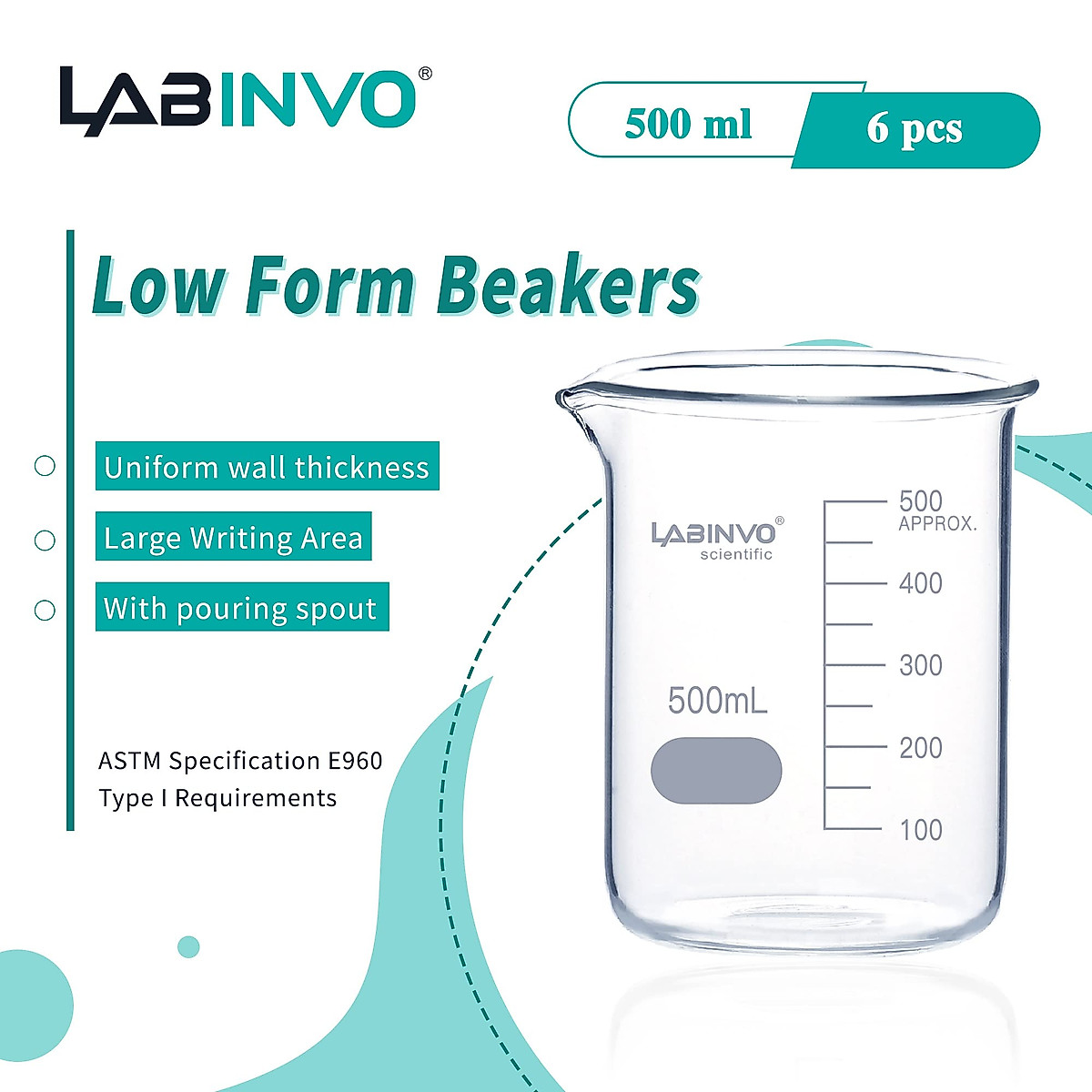 LABINVO Low Form Graduated Glass Beaker, 6pcs of Vol.500ml, 3.3 Borosilicate Glass Beaker Set, IN-BKL500