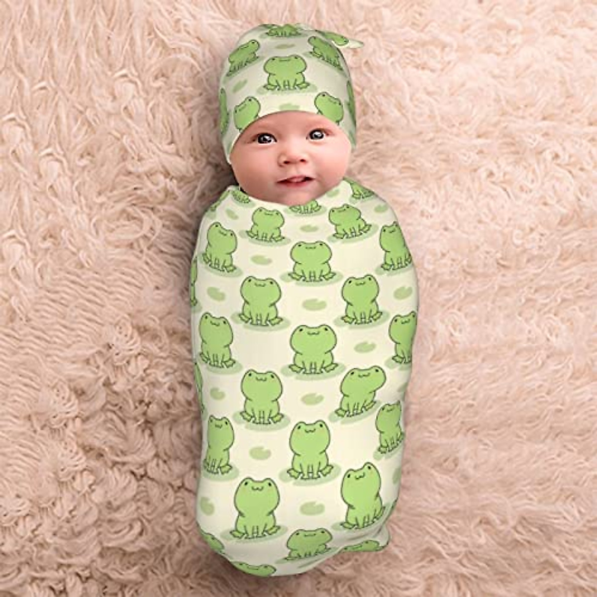Frog Cartoon Baby Stuff Newborn Baby Swaddle Blanket Swaddle Wrap Soft Sleep Sacks Stretchy Receiving Blankets with Hat for Boy Girl Infants Gifts