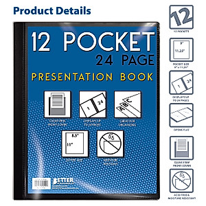 Better Office Products 12 Pocket Bound Presentation Book, Black with Clear View Front Cover, 24 Sheet Protector Pages, 8.5" x 11" Sheets, Art Portfolio, Durable Poly Covers, Letter Size, Black