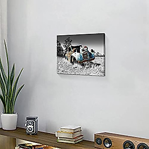 SunFlax Car Picture Canvas Wall Art - Rusty Blue Truck Picture Country Painting Vintage Black and White Print Rustic Farmhouse Artwork for Bedroom Bathroom Office
