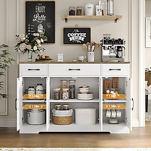 HOSTACK Buffet Cabinet with Drawers, 55" Large Sideboard Buffet Storage Cabinet with Shelves and Doors, Modern Farmhouse Coffee Bar Cabinet Wood Buffet Table for Kitchen, Dining Room, White/Rustic