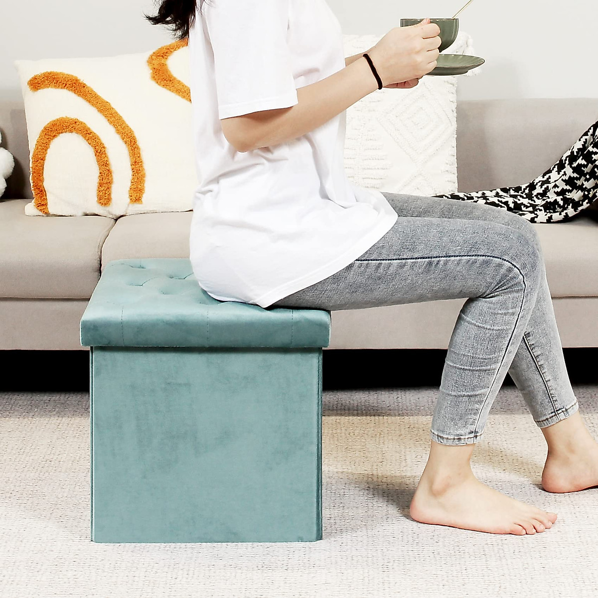 B FSOBEIIALEO Storage Ottoman Cube Velvet Tufted Folding Ottomans Footstool Rest Seat with Removable Lid (Teal, Medium)