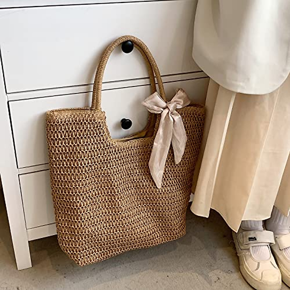 QTKJ Summer Beach bag, Handwoven Straw Bag, Soft Large Beach Tote Boho Beach Shoulder Hand Bag, Woven Bag for Women Vacation Travel, Daily(Khaki)