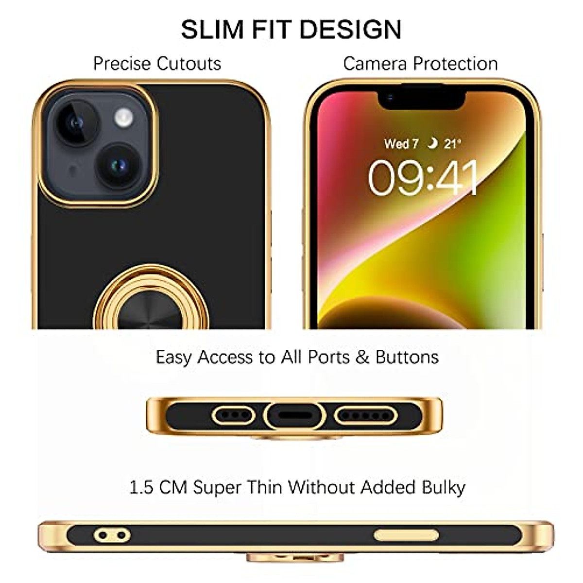 BENTOBEN iPhone 14 Case with 360° Ring Holder, Shockproof Slim Kickstand Magnetic Support Car Mount Women Men Non-Slip Protective Phone Case for iPhone 14 6.1", Black/Gold