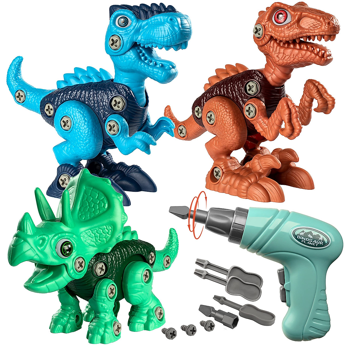 Coogam Take Apart Dinosaur Construction Toys 3 Pack, Fine Motor Skill Building Dinosaur Set STEM Educational Gift Game with Drill-Tyrannosaurus, Triceratops, Velociraptor for Year Old Kids
