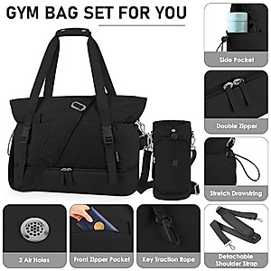 ETRONIK Gym Bag for Women, Yoga Mat Bag with Water Bottle Bag, 40L Weekender Overnight Bag with Shoe Compartment & Wet Pocket, Travel Duffle Bag Women for Yoga, Work, Hospital, Pilates and Gym, Black