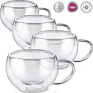 Teabloom Modern Classic Insulated Cups – 6 oz / 200 ml – Set of 4 Double Walled Glass Cups for Tea or Espresso