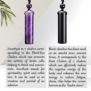 Top Plaza 2 Pcs Amethyst Black Obsidian Healing Crystal Stone Necklaces for Men Women Cylindrical Pendant Amulet Protection Necklaces Adjustable Braided Cord Natural Quartz Gemstone Necklace Jewelry