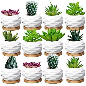 Hsei 12 Pack Small Succulent Planter 3 Inch with Bamboo Tray and Drainage Hole Mini Ceramic Flowers Pot White Water Pattern Plant Pots for Office Garden Home Decoration Gifts (Plants Not Included)