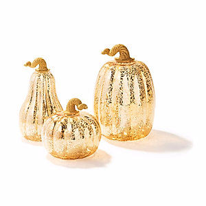 LampLust Gold Glass Pumpkin with Lights - Set of 3, Mercury Glass Style, Batteries Included, Thanksgiving Harvest Decorations, Timer, LED Lighted Gold Pumpkins for Decorating Fall Decor