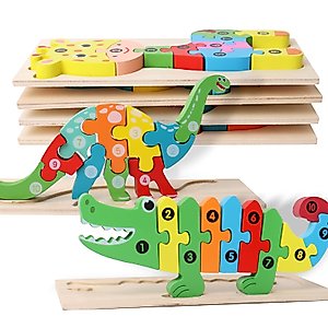 SHIERDU Wooden Puzzles for Kids, Toddler Number Puzzle, Old Wooden Dinosaur Puzzles and Animal Jigsaw Toys for Boy Girl Ideal Gift, 2-6 Years, Pack of 6, 2-1