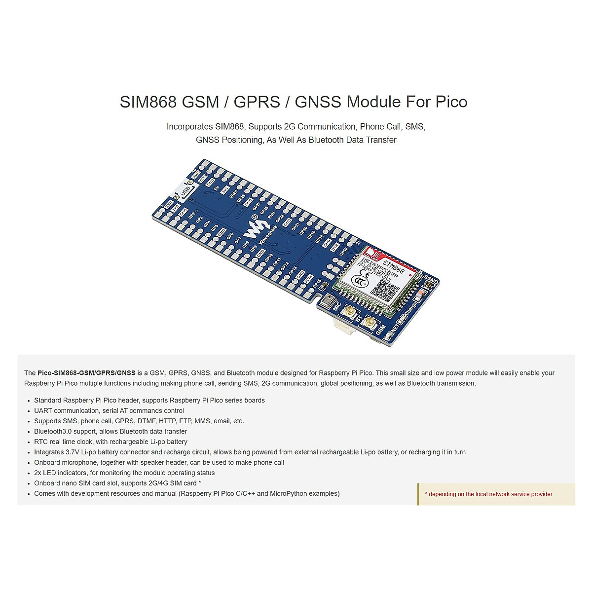 Waveshare SIM868 GSM/GPRS/GNSS Module for Raspberry Pi Pico Connection Data Transfer