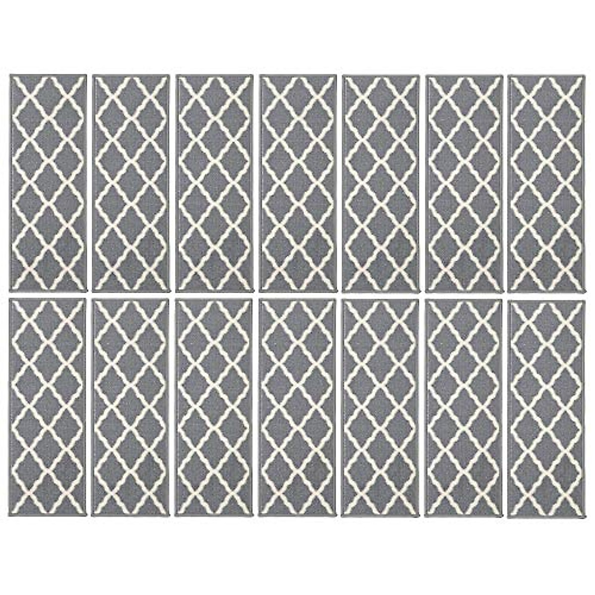 Machine Washable Moroccan Trellis Design Non-Slip Rubberback 8.5" x 26" Traditional Indoor Stair Treads for Wooden Stairs, 14 Pack, Gray