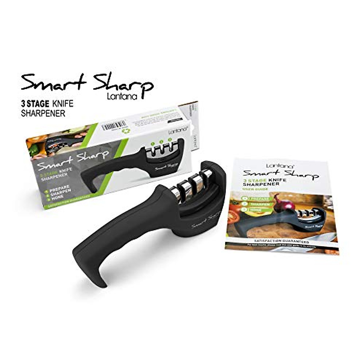 Lantana Smart Sharp Knife Sharpener - Professional 3 Stage Manual Sharpener for Sharpening Kitchen Knives - Ceramic Stone, Tungsten Carbide Plates, Diamond rods. Ergonomic Design, Black/Chrome Finish