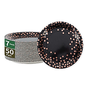 CENLBJ Black & Rose Gold Dots Party Paper Plates, 50 PCS Disposable Party Supplies Dessert Paper Plates for Birthday Party Wedding Graduation Party Supplies (7 inches)