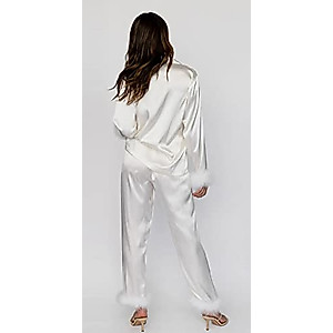 Rmasyea Womens Silk Satin Feather Pajamas Set Party Nightwear Button Down Long Sleeve Pants Loungewear Sleepwear (White, S)