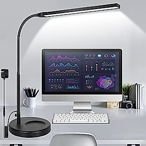 NAKOOS LED Desk Lamp with Clamp & Round Base, Eye Caring Table Lamp with Flexible Gooseneck, Touch Control 3 Color Modes, 10 Brightness Levels, Desk Light for Home Office 12W