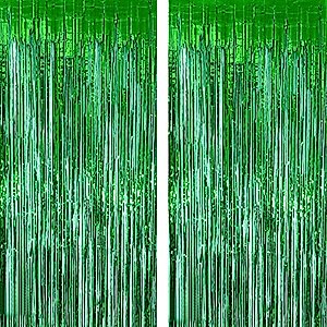 2 Pack Green Foil Curtains 3.2 ft x 8.2 ft Metallic Tinsel Fringe Backdrops Photo Booth Props for Birthday Wedding Christmas Bridal Shower Bachelorette Holiday Party