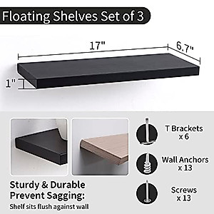 Floating Shelves, Black Wood Wall Mounted Shelves with Invisible Brackets for Bedroom Living Room Bathroom Kitchen, Shelves for Wall Decor Storage Set of 3