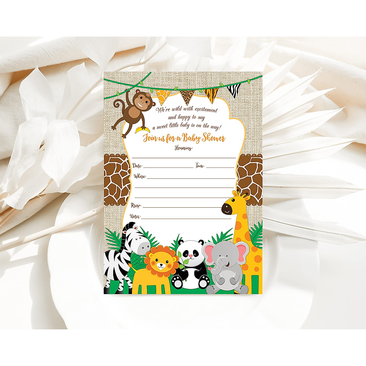 Jungle Safari Baby Shower Invitations - Safari Animal Invitation - 20 Fill-In Invitations and White Envelopes - Boy or Neutral Baby Shower Party - Monkey, Lion, Elephant, Giraffe