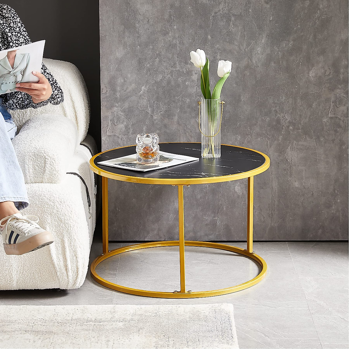 Round Coffee Table Living Room Side Tables Modern Marble Metal Frame Furniture Home Decor