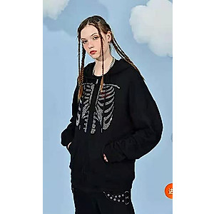 Women's Y2K Rhinestone Skull Hoodie Zip Up Oversized Casual Drawstring Hoodie E-Girl 90s Streetwear Jacket Tracksuit(G-black,S）