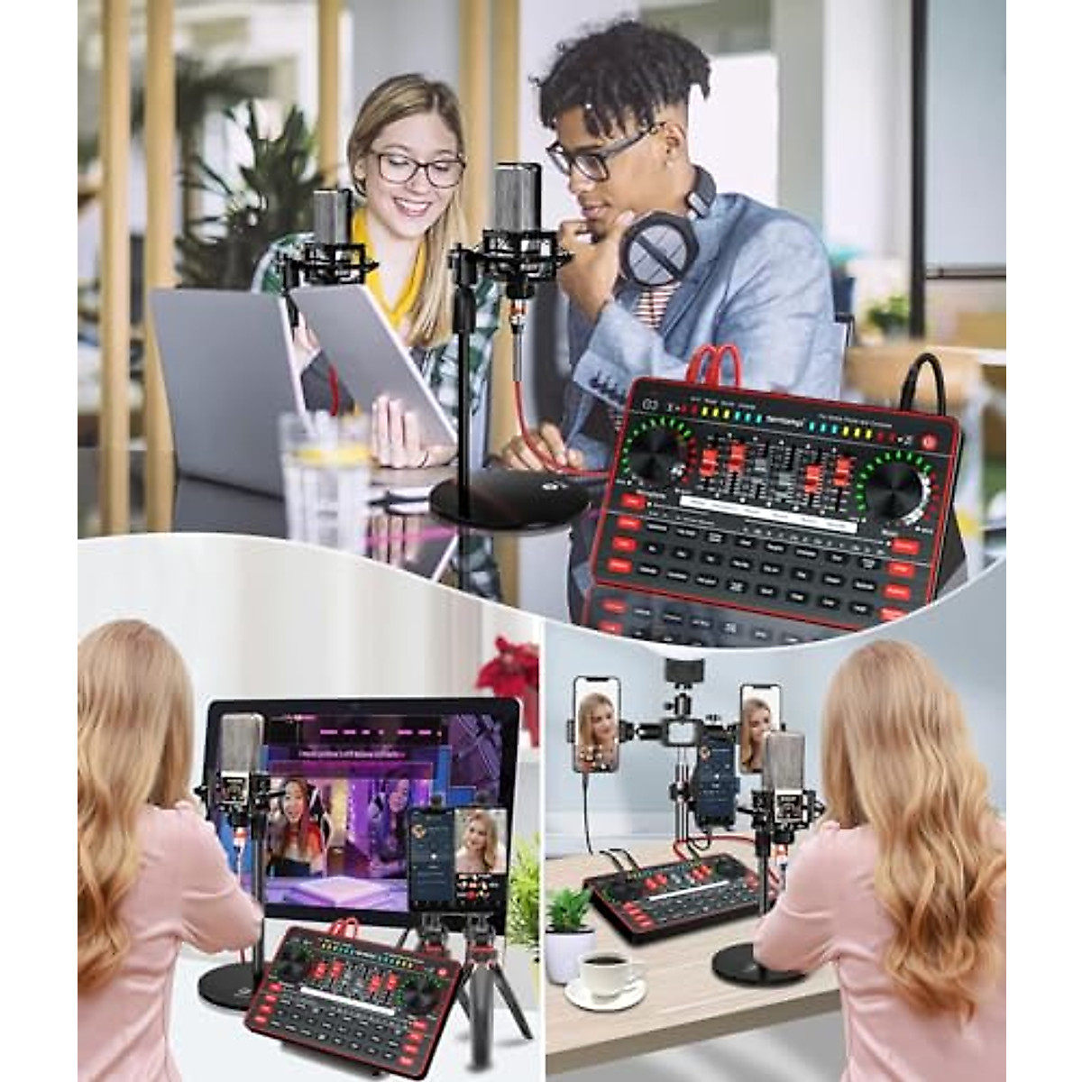 Audio Mixer with Sound Card, tenlamp Two 3.5mm Studio Condenser Microphone and G3 Audio interface, Sound Board Voice Changer, Podcast Equipment Bundle for PC Recording Gaming Live Streaming Podcast