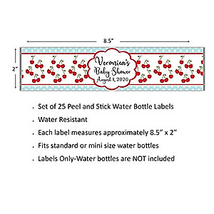 Cherry Pattern Water Bottle Labels, Pack of 25 Personalized Peel and Stick Waterproof Wrappers for Birthday Party Favors
