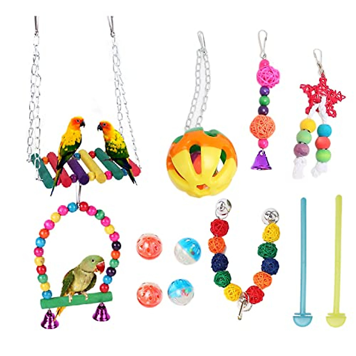 Tnfeeon Bird Swing Toy Set Bird Cage Toys Chewing Hanging Bell Bird Cage Colorful Toys with Wooden Hanging Stand Ladder for Parakeet Cockatiel