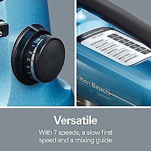 Hamilton Beach Electric Stand Mixer, 4 Quarts, Dough Hook, Flat Beater Attachments, Splash Guard 7 Speeds with Whisk, Blue