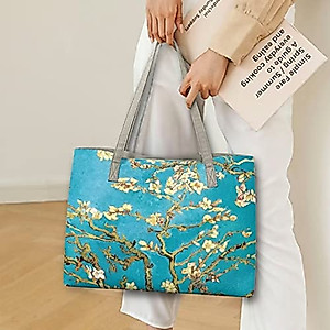 Poetesant Almond Blossom Tote Bag Women Van Gogh Top-Handle Handbags Oil Painting Shoulder Purses Floral Art Leather Satchel Bags