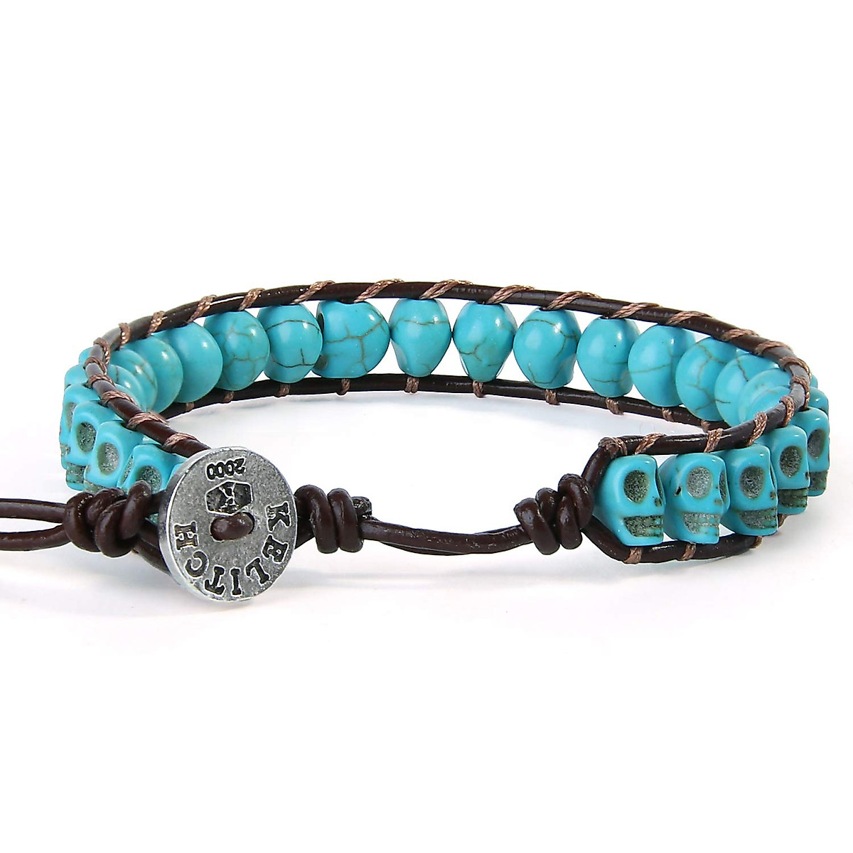 KELITCH New Turquoise Bracelets Skull Beaded Wrap Bracelet on Brown Leather Bracelets Handmade Jewelry