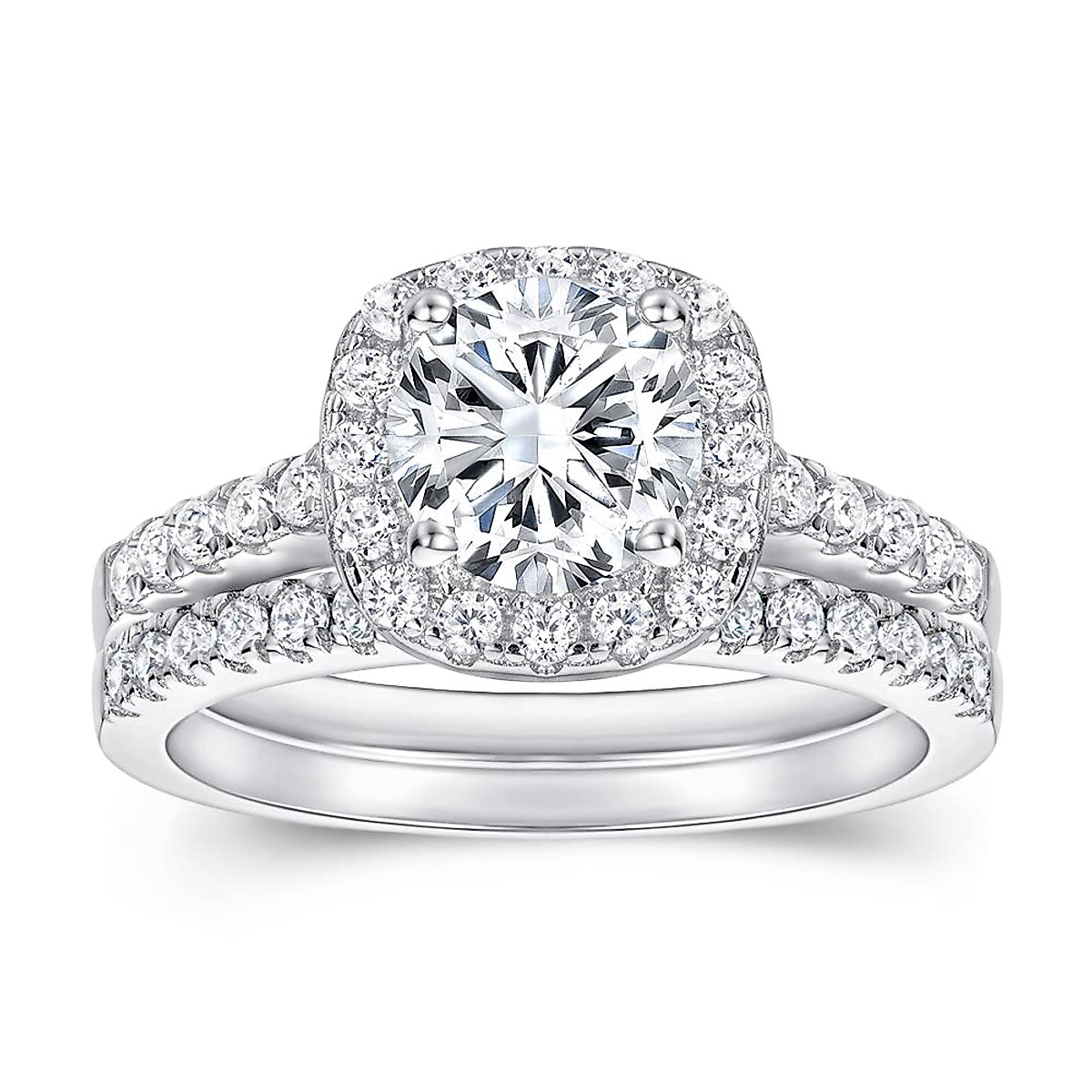 Halo Bridal Ring Set Wedding Ring Set for Women 1-1/2 Carat (ctw) Moissanite Engagement Ring Set 925 Sterling Silver Wedding and Engagement Ring Set with Text Engraving(White gold size 9)