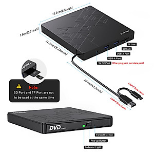 ORIGBELIE External CD DVD Drive, CD Burner USB 3.0 with 2 USB Ports and 2 TF/SD Card Slots, Optical Disk Drive for Laptop Mac, PC Windows 11/10/8/7 Linux OS with Carrying Case